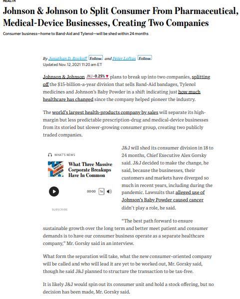 Solved Johnson & Johnson to Split Consumer From | Chegg.com