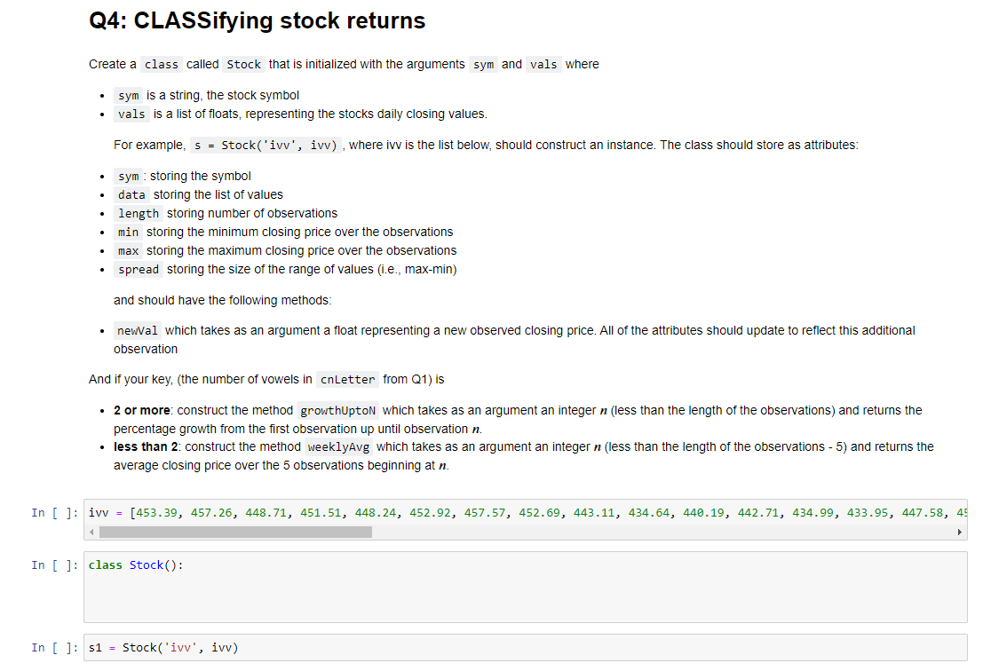 Solved Q4: CLASSifying stock returns Create a class called | Chegg.com
