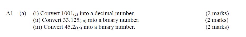 Solved Al. (a) (i) Convert 1001(2) into a decimal number. | Chegg.com