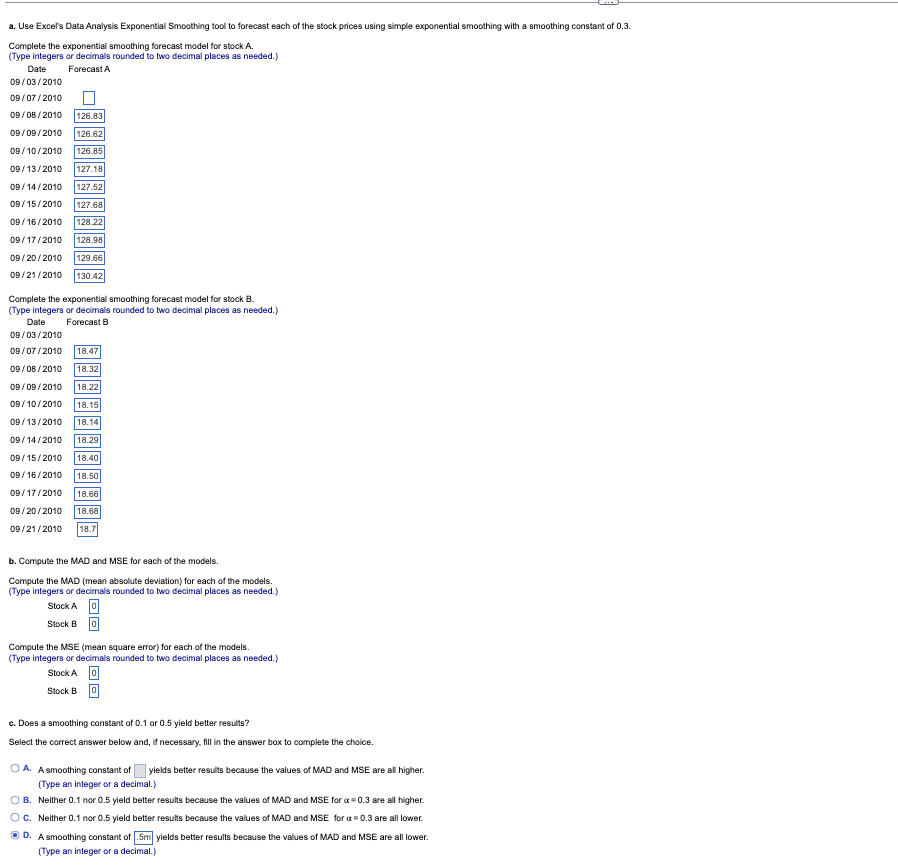 Solved a. Use Excel's Data Analysis Exponential Smoothing | Chegg.com