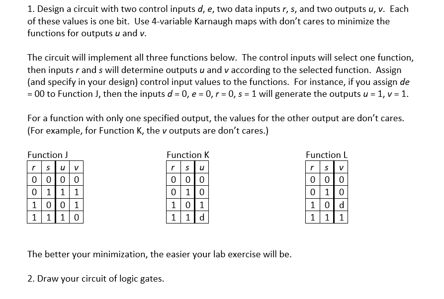 Solved 1. Design a circuit with two control inputs d, e, two | Chegg.com
