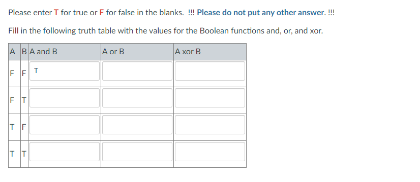 Solved Please enter T for true or F for false in the blanks. | Chegg.com