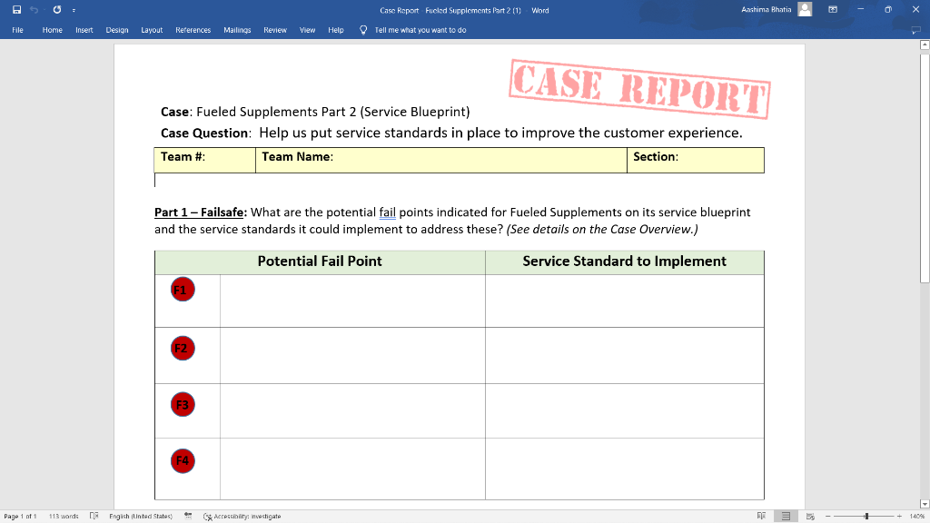 Case: Fueled Supplements Part 2 (Service Blueprint) | Chegg.com