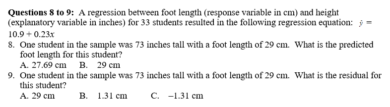 Solved = Questions 8 to 9: A regression between foot length | Chegg.com