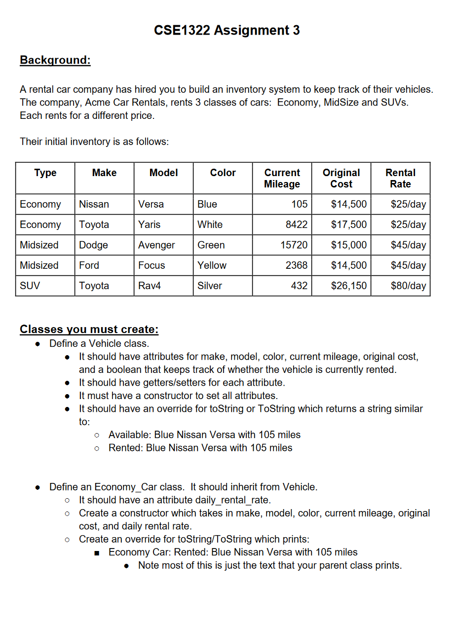 Solved CSE1322 Assignment 3 Background: A rental car company | Chegg.com