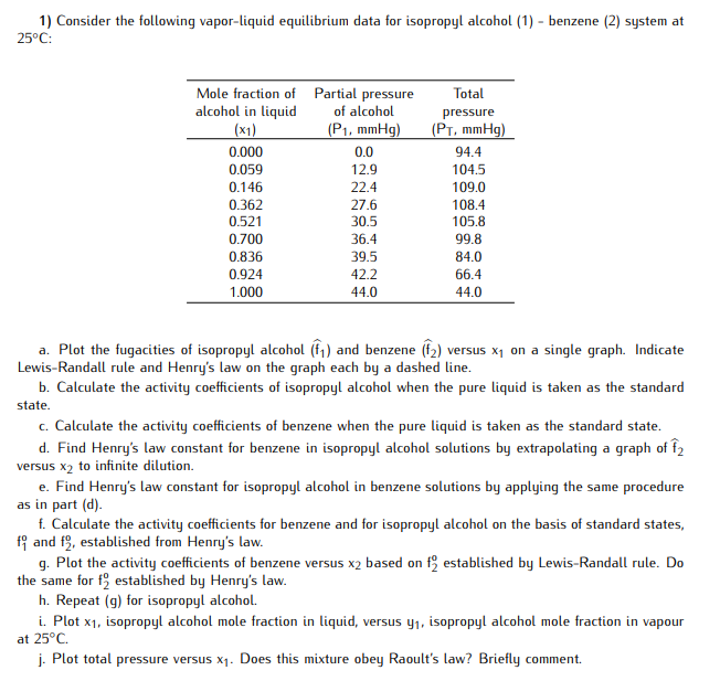 Solved 1) Consider the following vapor-liquid equilibrium | Chegg.com