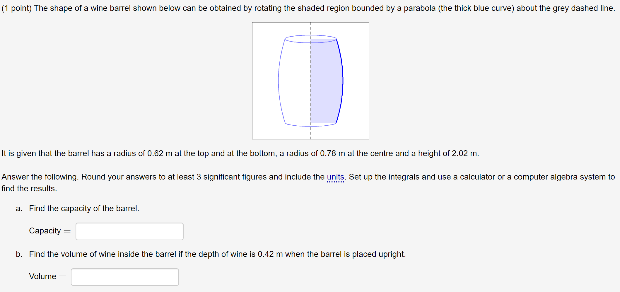 Solved (1 point) The shape of a wine barrel shown below can | Chegg.com