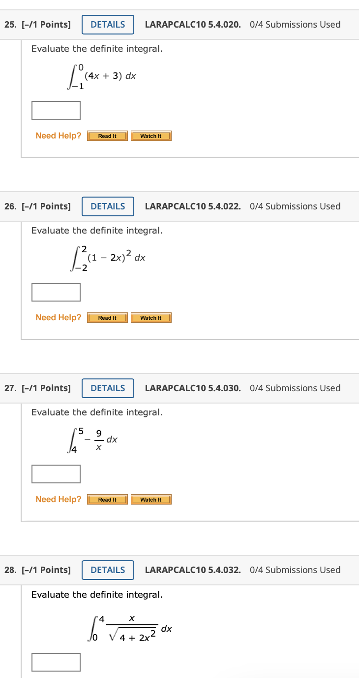 Solved [-/1 Points] LARAPCALC10 5.4.020. 0/4 Submissions | Chegg.com
