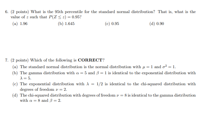 Solved 6. (2 points) What is the 95th percentile for the | Chegg.com