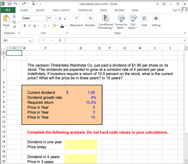 Solved XL A5 ? El - X Calculating stock price - Excel | Chegg.com