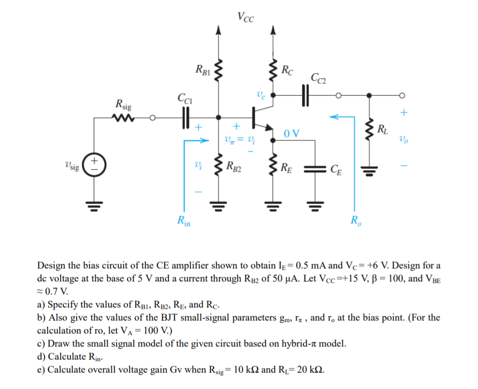 Solved VCC RBI RC CC2 Ссі Ve Rsig + + V = 0; OV RL VO Usig | Chegg.com