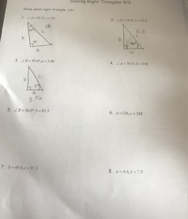 Solved Solving Right Triangles Ws Solve each right triangle | Chegg.com