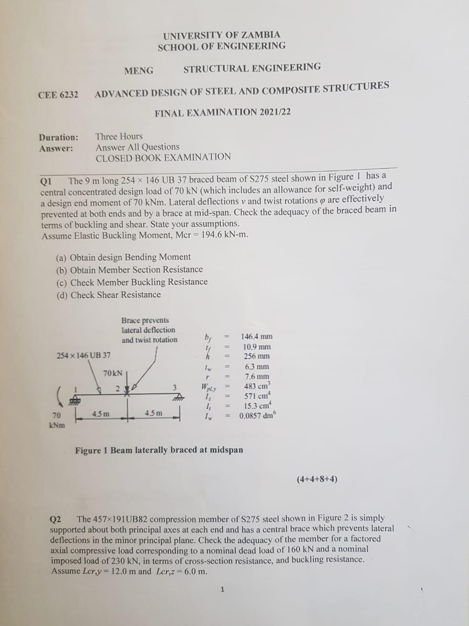 Solved Q1 The 9 m long 254×146 UB 37 braced beam of S 275 | Chegg.com