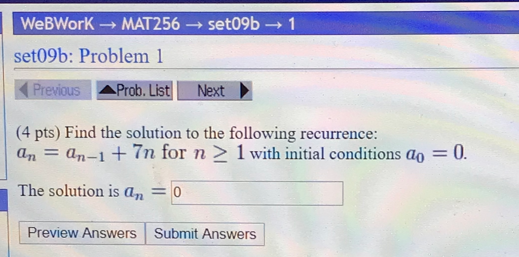 Solved set09b 1 WebWork → MAT256 set09b: Problem 1 Previous | Chegg.com