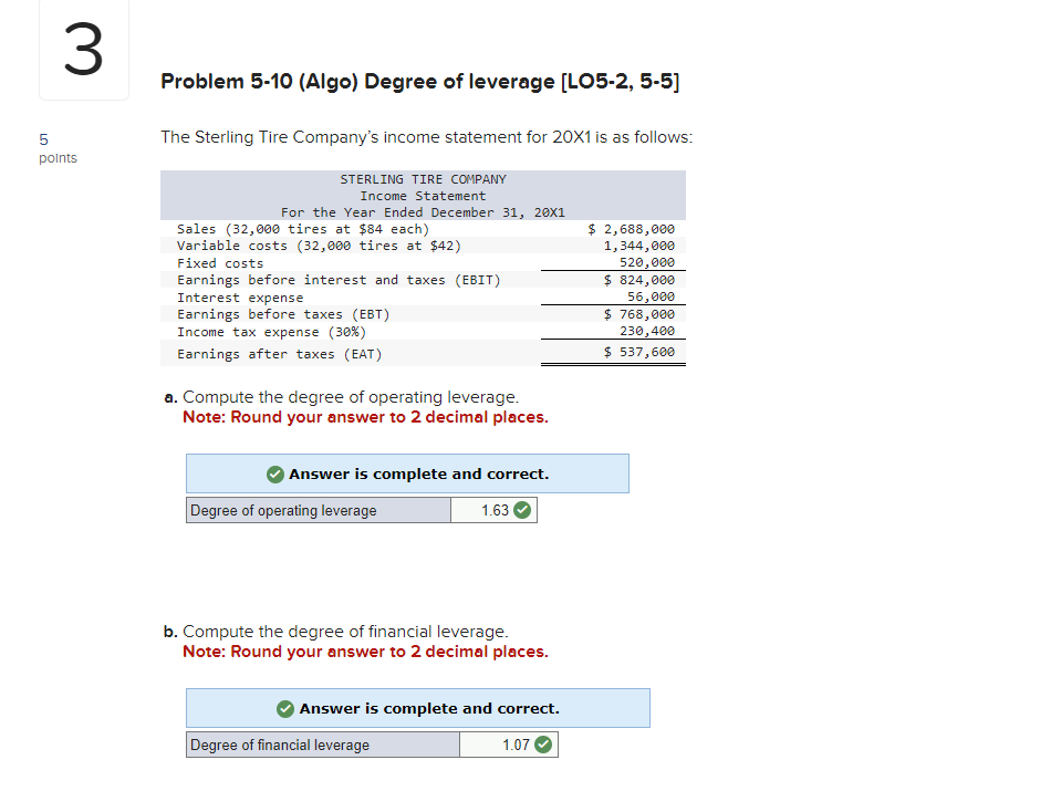Solved Problem 5-10 (Algo) Degree of leverage [LO5-2, 5-5] | Chegg.com