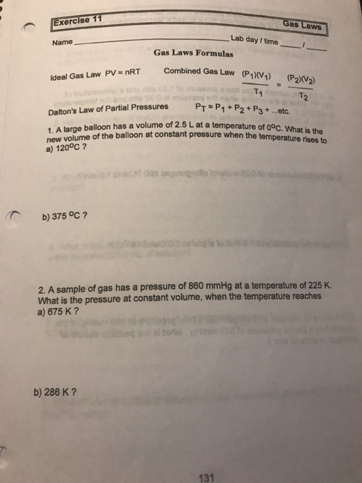 Solved Exercise Gas Laws Lab day I time Name Gas Laws | Chegg.com