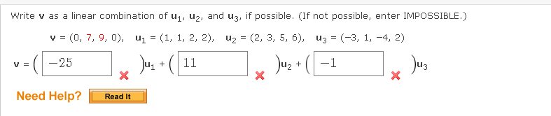 Solved Write v as a linear combination of ui, uz, and uz, if | Chegg.com