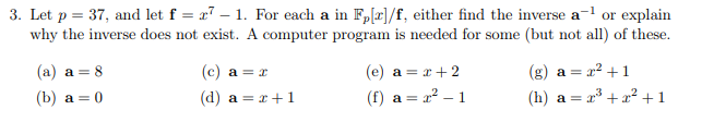 Solved 3. Let p = 37, and let f = 27 – 1. For each a in | Chegg.com