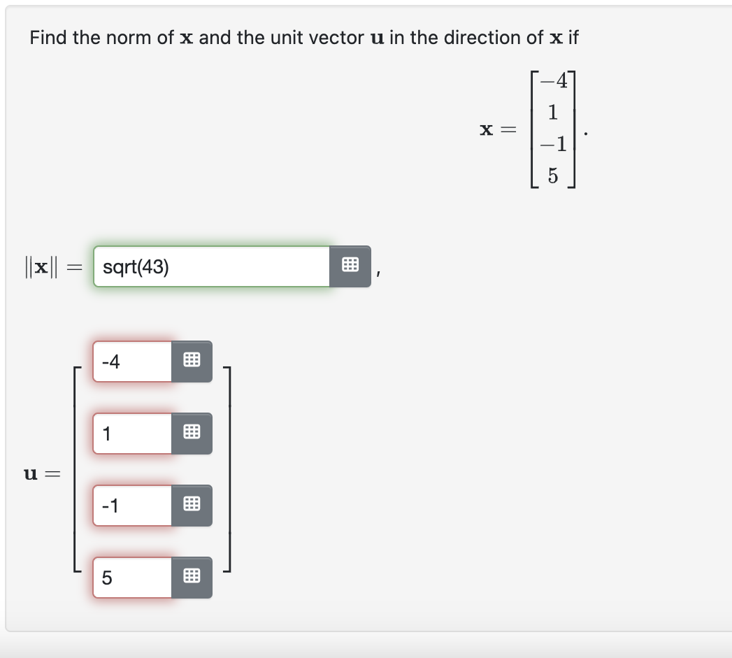 Solved Find the norm of x and the unit vector u in the | Chegg.com