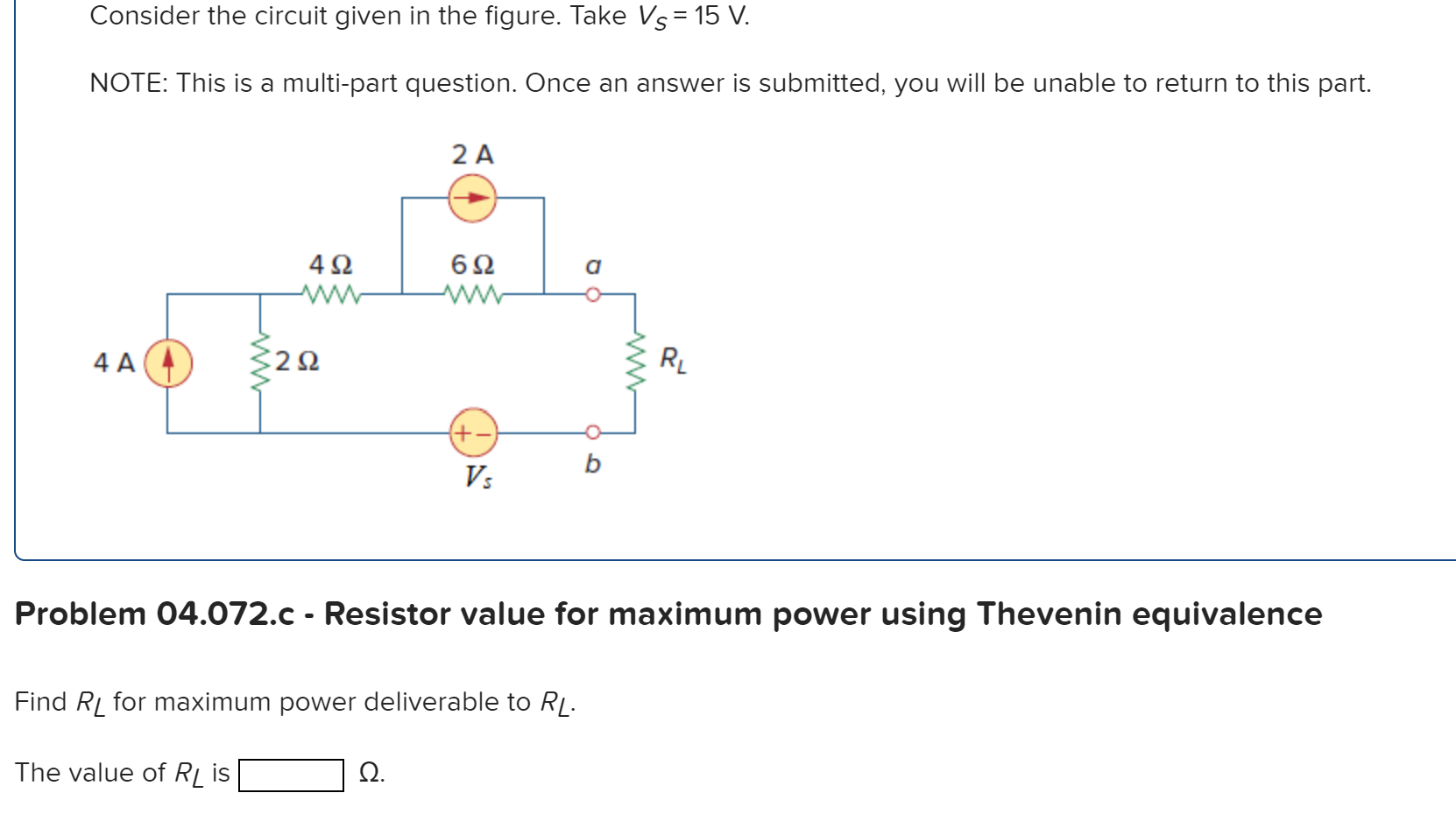 Solved Problem 04.072.c - Resistor value for maximum power | Chegg.com