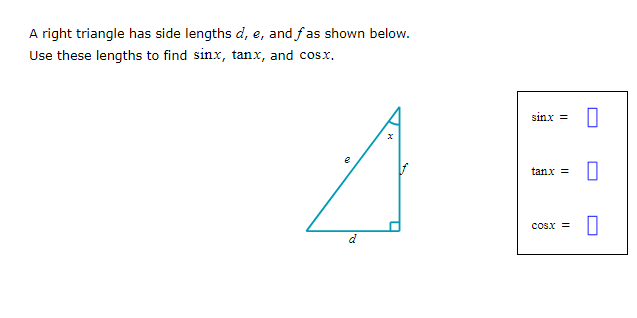 Solved A right triangle has side lengths d,e, and f as shown | Chegg.com