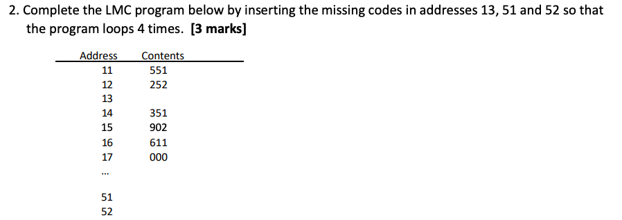 Solved 2. Complete the LMC program below by inserting the | Chegg.com