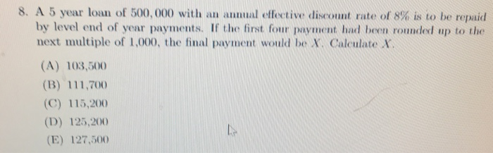 Solved 8. A 5 year loan of 500,000 with an annual effective | Chegg.com