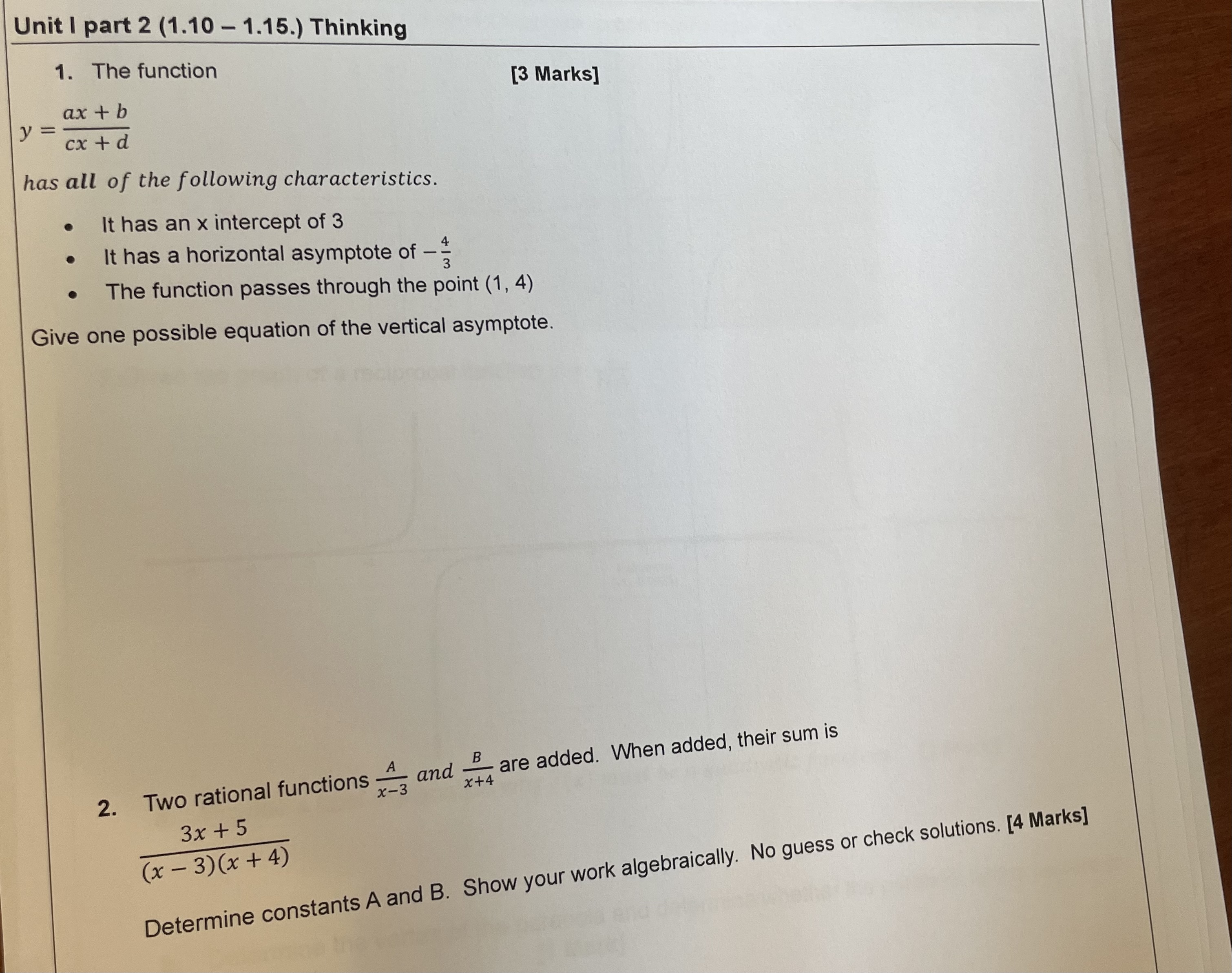 Solved 1. The function [3 Marks] \\[ y=\\frac{a x+b}{c x+d} | Chegg.com