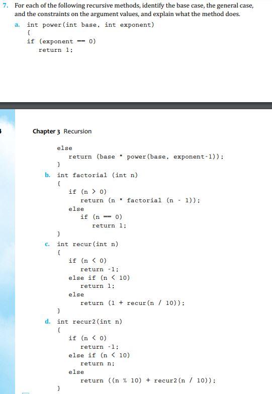 Solved 7. For each of the following recursive methods, | Chegg.com