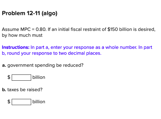 Solved Assume MPC = 0.80. If an initial fiscal restraint of | Chegg.com