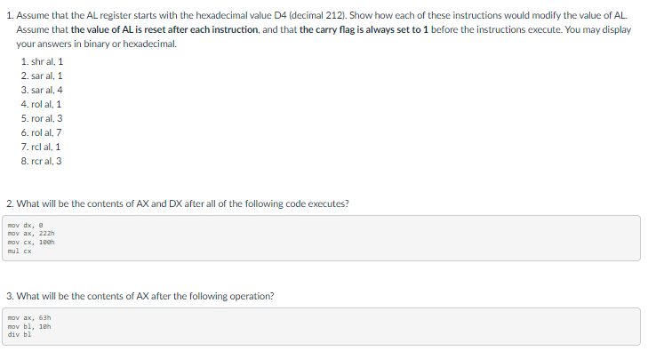 Solved 1. Assume that the AL register starts with the | Chegg.com