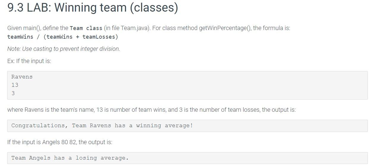 Solved Given main(), define the Team class (in file | Chegg.com
