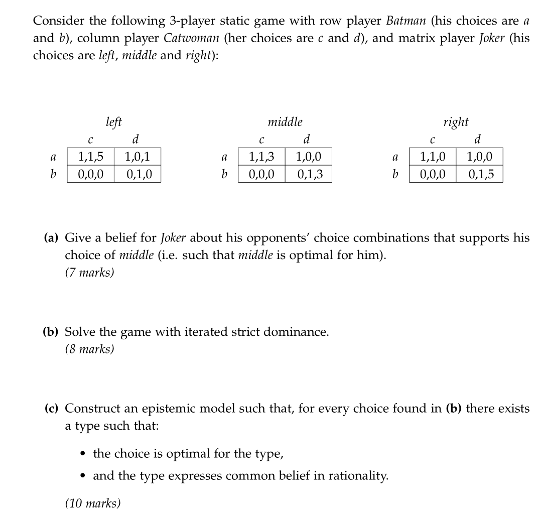 Consider the following 3-player static game with row | Chegg.com