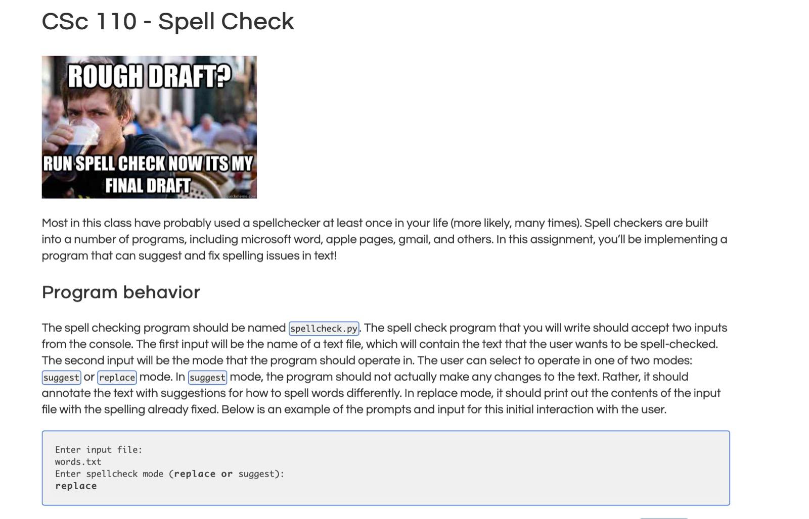 Solved CSc 110 - Spell Check ROUGH DRAFT? RUN SPELL CHECK | Chegg.com