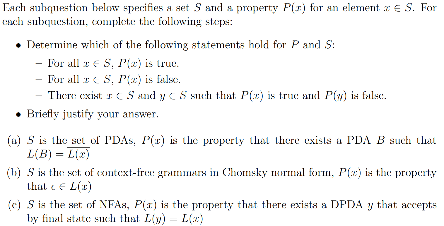Solved Each subquestion below specifies a set S and a | Chegg.com
