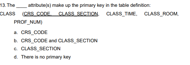 Solved 13. The ____ attribute(s) make up the primary key in | Chegg.com