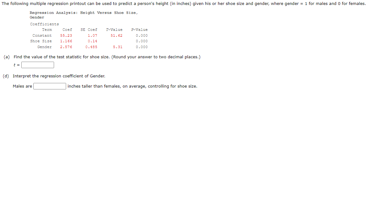 Solved Regression Analysis: Height Versus Shoe Size, Gender | Chegg.com