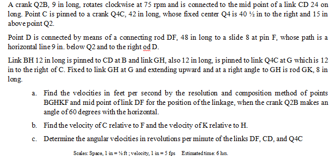 Solved A crank Q2B, 9 in long, rotates clockwise at 75 rpm | Chegg.com