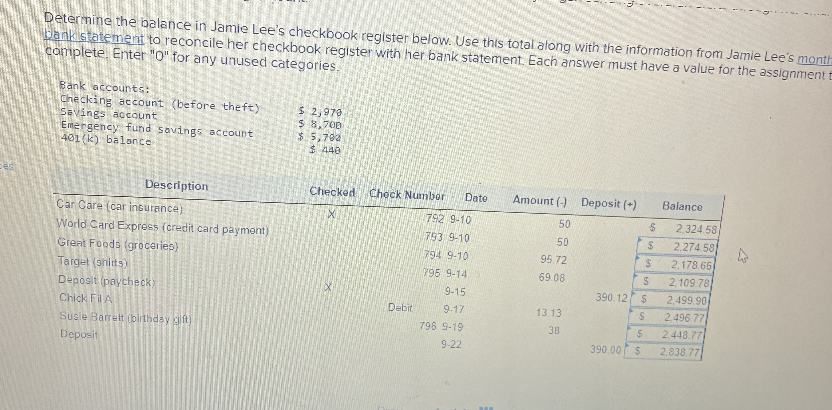 Solved Determine the balance in Jamie Lee's checkbook | Chegg.com