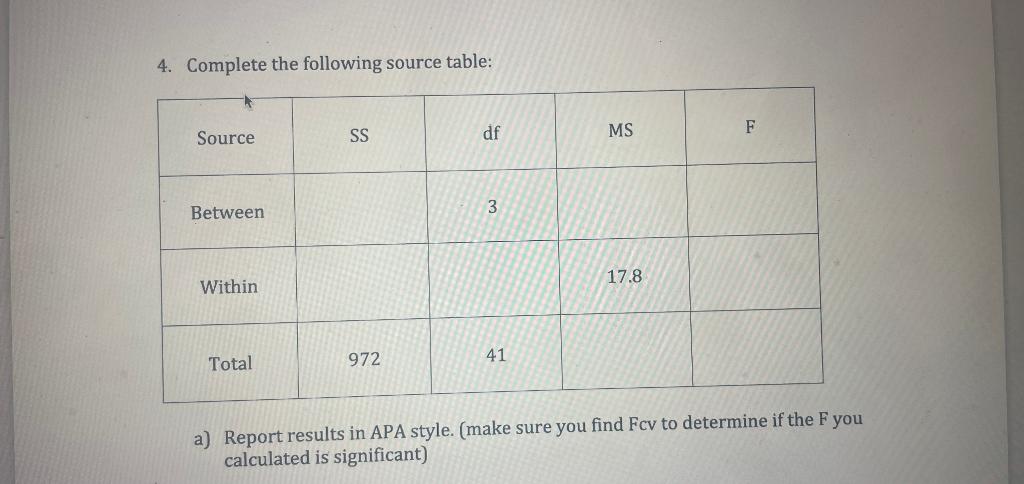 Solved 4. Complete the following source table: Source SS df | Chegg.com