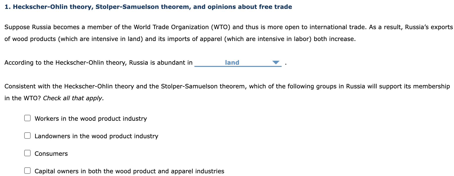 Solved 1. Heckscher-Ohlin theory, Stolper-Samuelson theorem, | Chegg.com