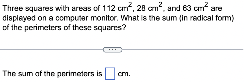 Solved Three squares with areas of 112 cm2,28 cm2, and 63 | Chegg.com