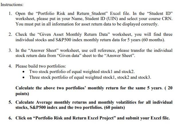 1. Open the "Portfolio Risk and Return_Student" Excel | Chegg.com