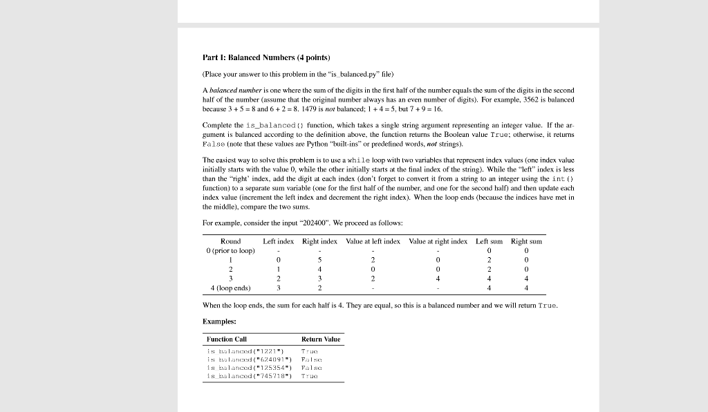 Solved Part I: Balanced Numbers (4 points) (Place your | Chegg.com