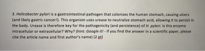 Solved 3. Helicobacter pylori is a gastrointestinal pathogen | Chegg.com
