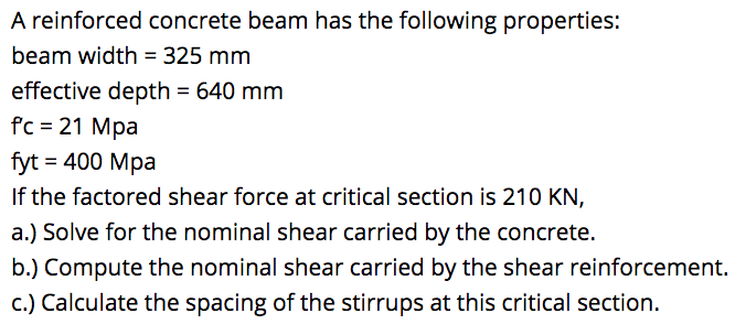Solved A reinforced concrete beam has the following | Chegg.com