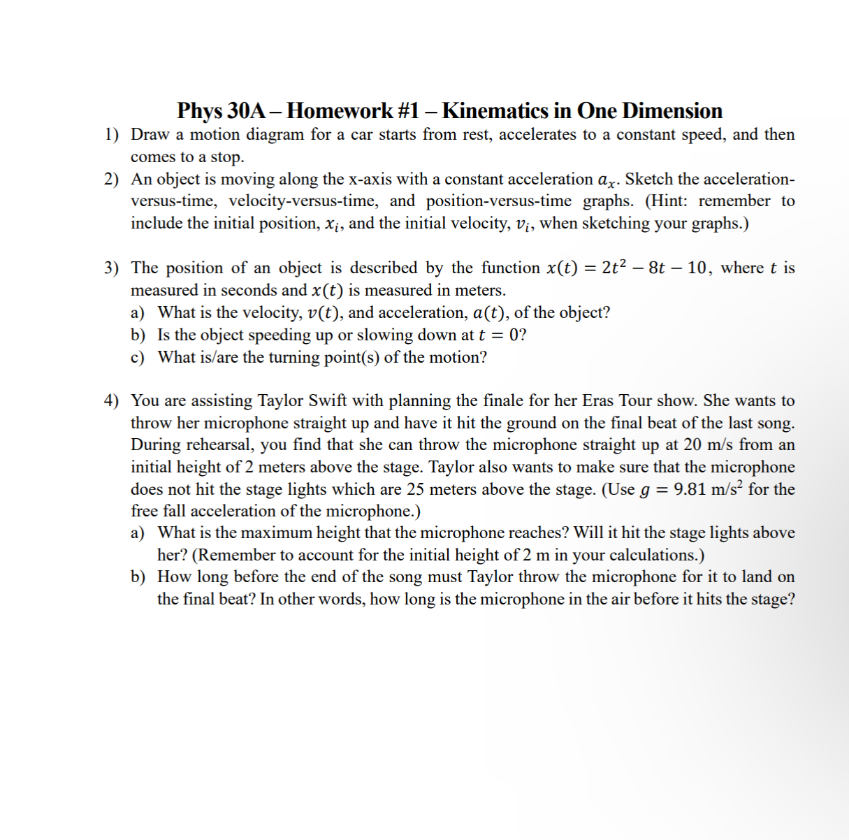 Solved Phys 30A-Homework #1 - ﻿Kinematics in One | Chegg.com