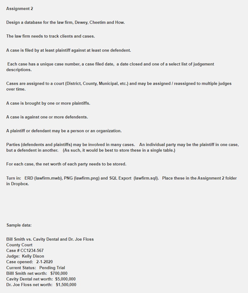 Solved Assignment 2 Design a database for the law firm, | Chegg.com