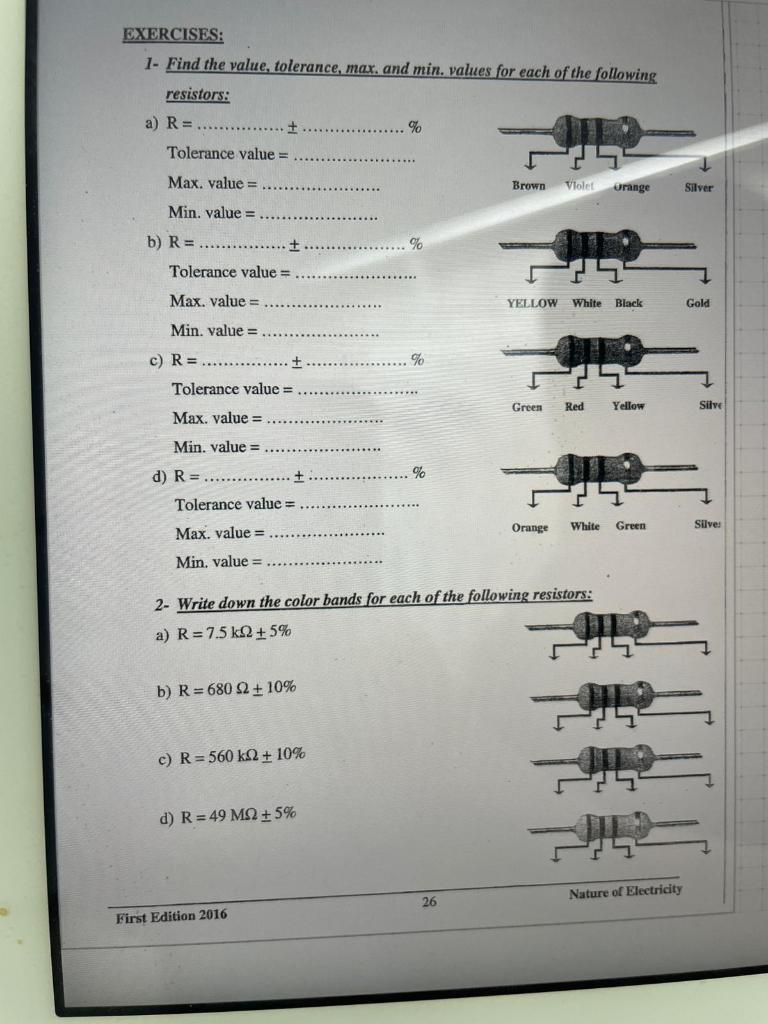 Solved EXERCISES: 1- Find the value, tolerance, mar, and | Chegg.com