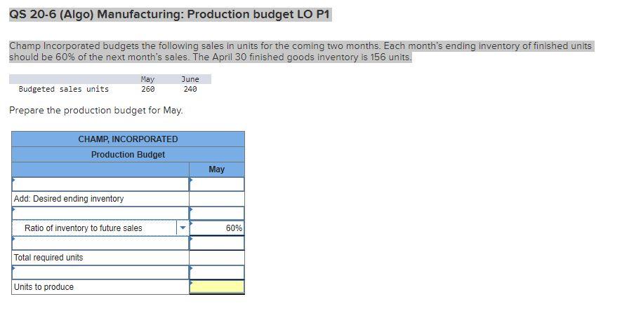 Solved QS 20-6 (Algo) Manufacturing: Production budget LO P1 | Chegg.com